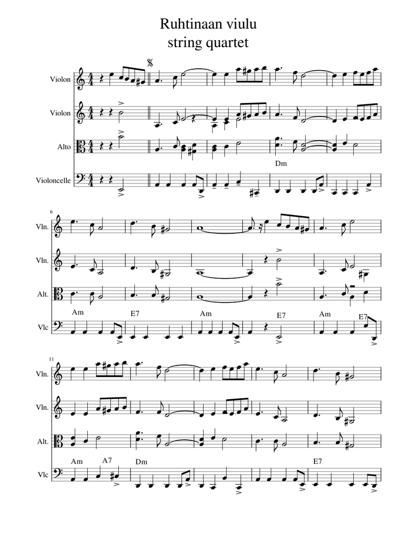Ruhtinaan viulu string quartet Sheet music for Violin, Viola, Cello ...