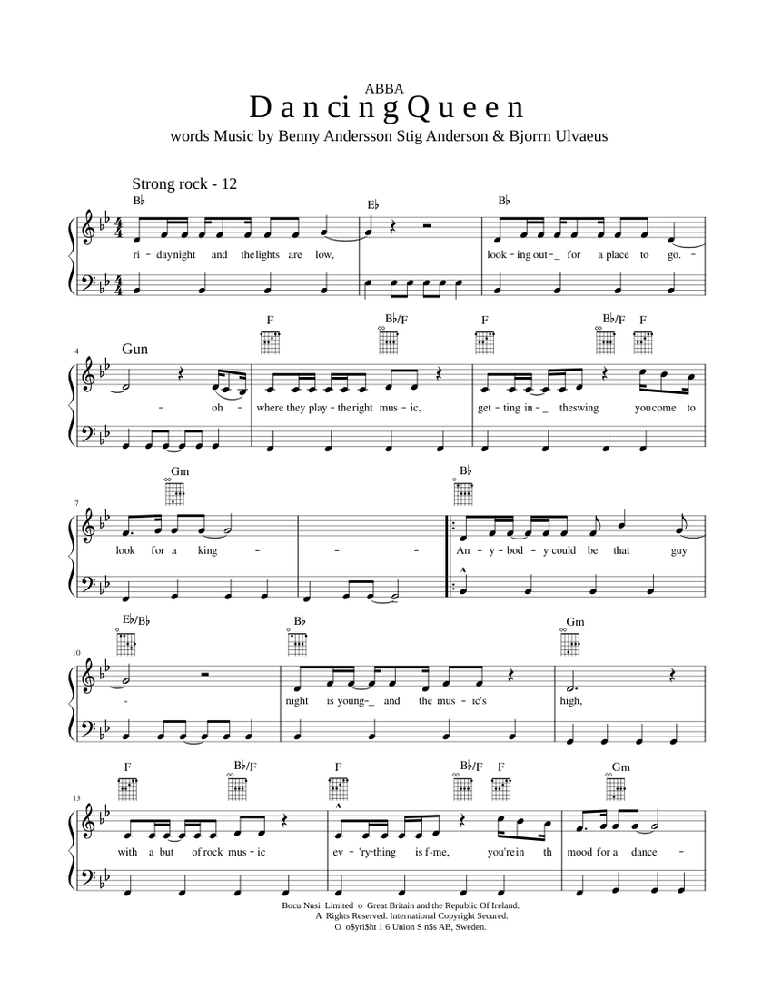 dancing queen Sheet Music with Chords for Piano (Solo) easy | MuseScore.com