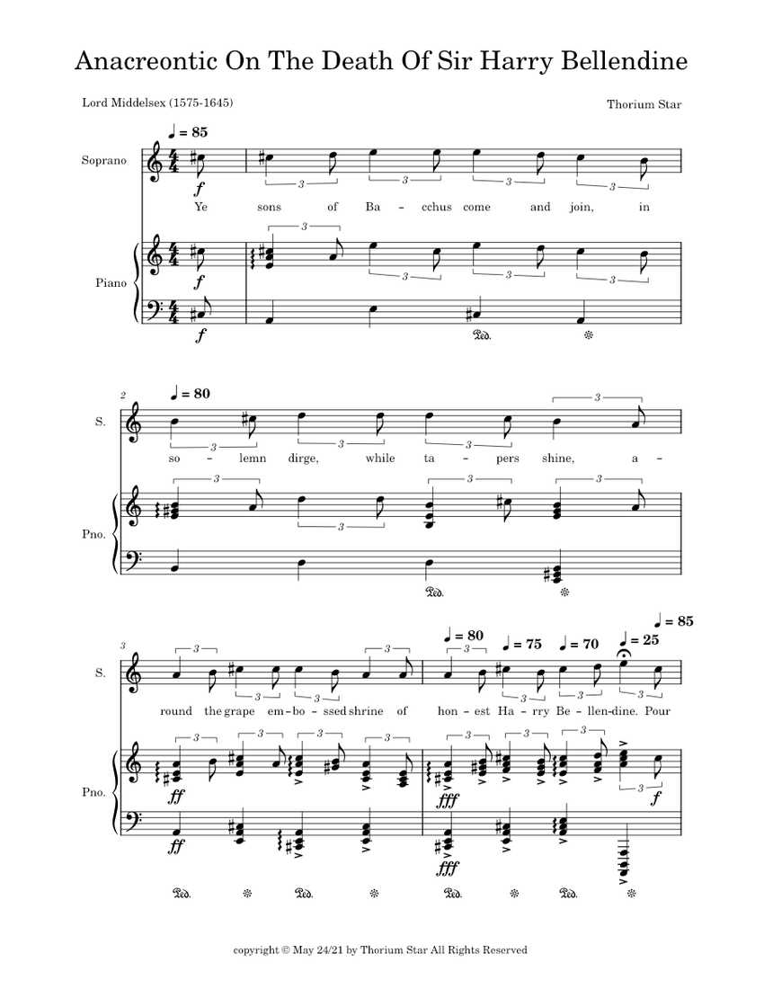 Anacreontic On The Death Of Sir Harry Bellendine Sheet music for Piano ...