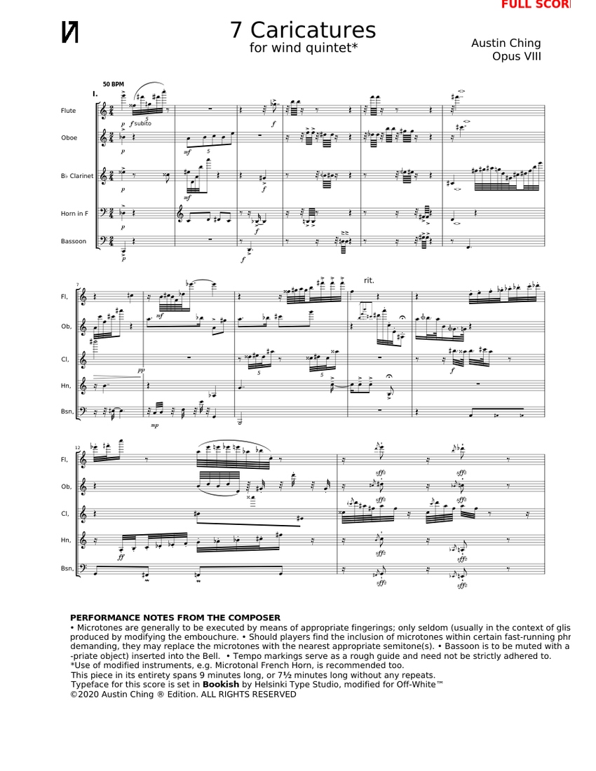 Op 8, 7 Caricatures for Wind Quintet Sheet music for Flute, Oboe ...