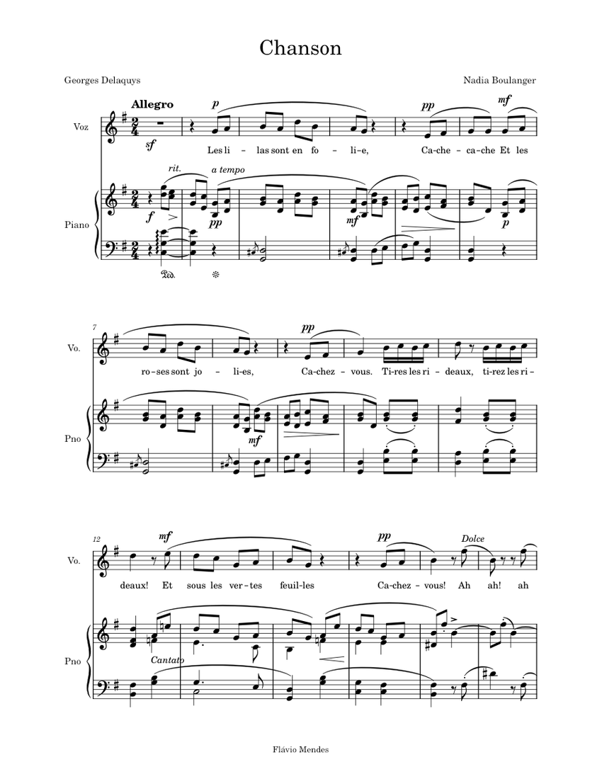 Chanson – Nadia Boulanger Sheet music for Piano, Vocals (Piano-Voice ...