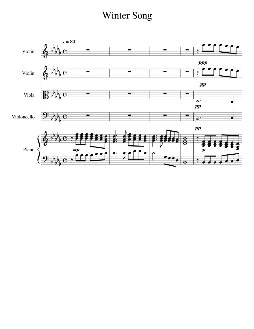 Winter Song Sheet Music for Piano, Violin, Viola, Cello (Piano Quintet ...