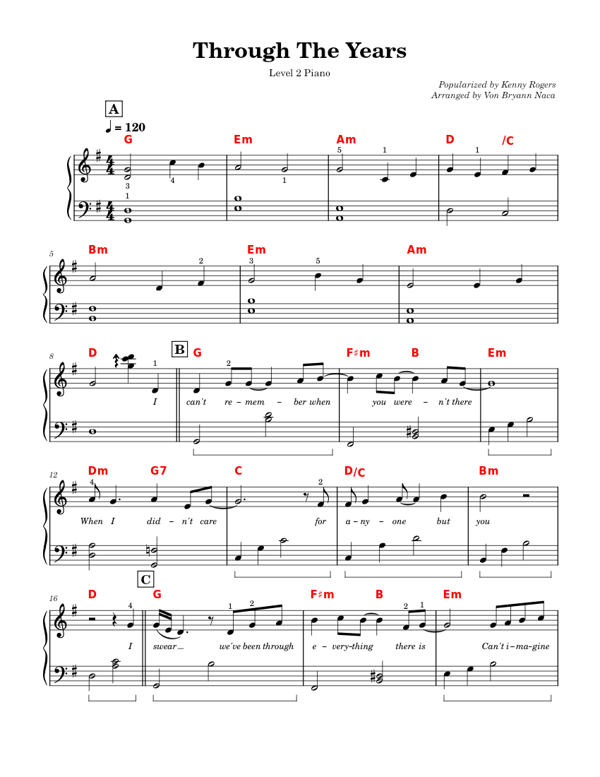 Through The Years - Kenny Rogers - Level 2 Piano Sheet Music with ...