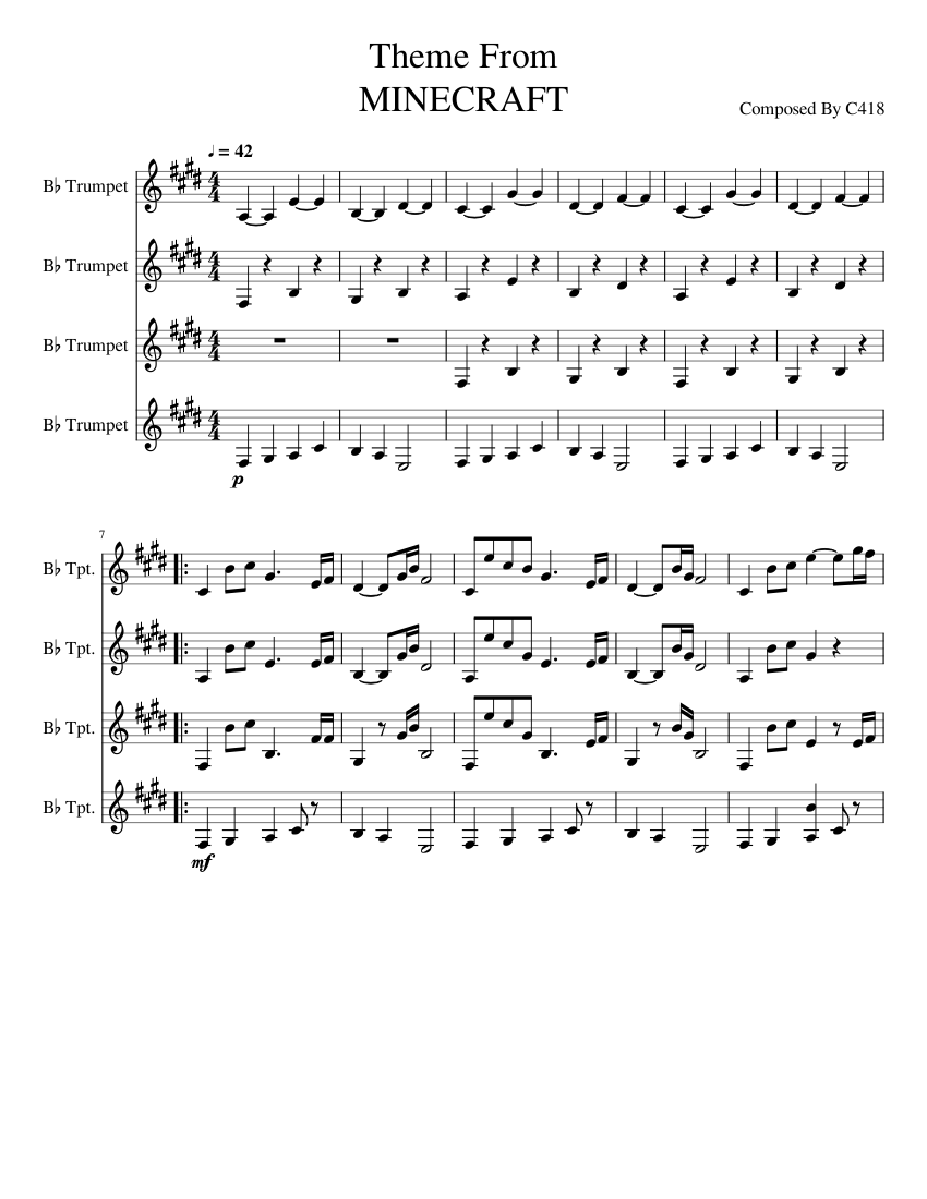 Theme From MINECRAFT Sheet Music for Trumpet in b-flat (Brass Quartet ...