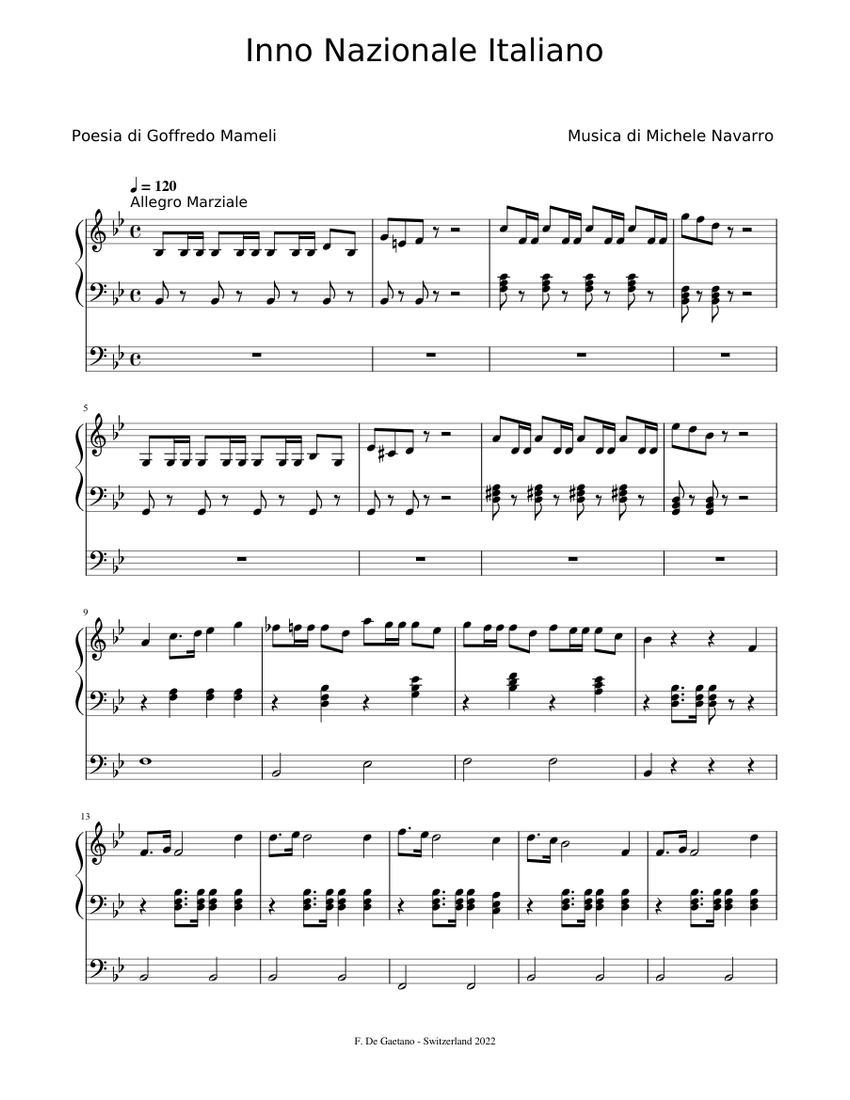 Inno Nazionale Italiano Fratelli Ditalia Mameli Sheet Music For