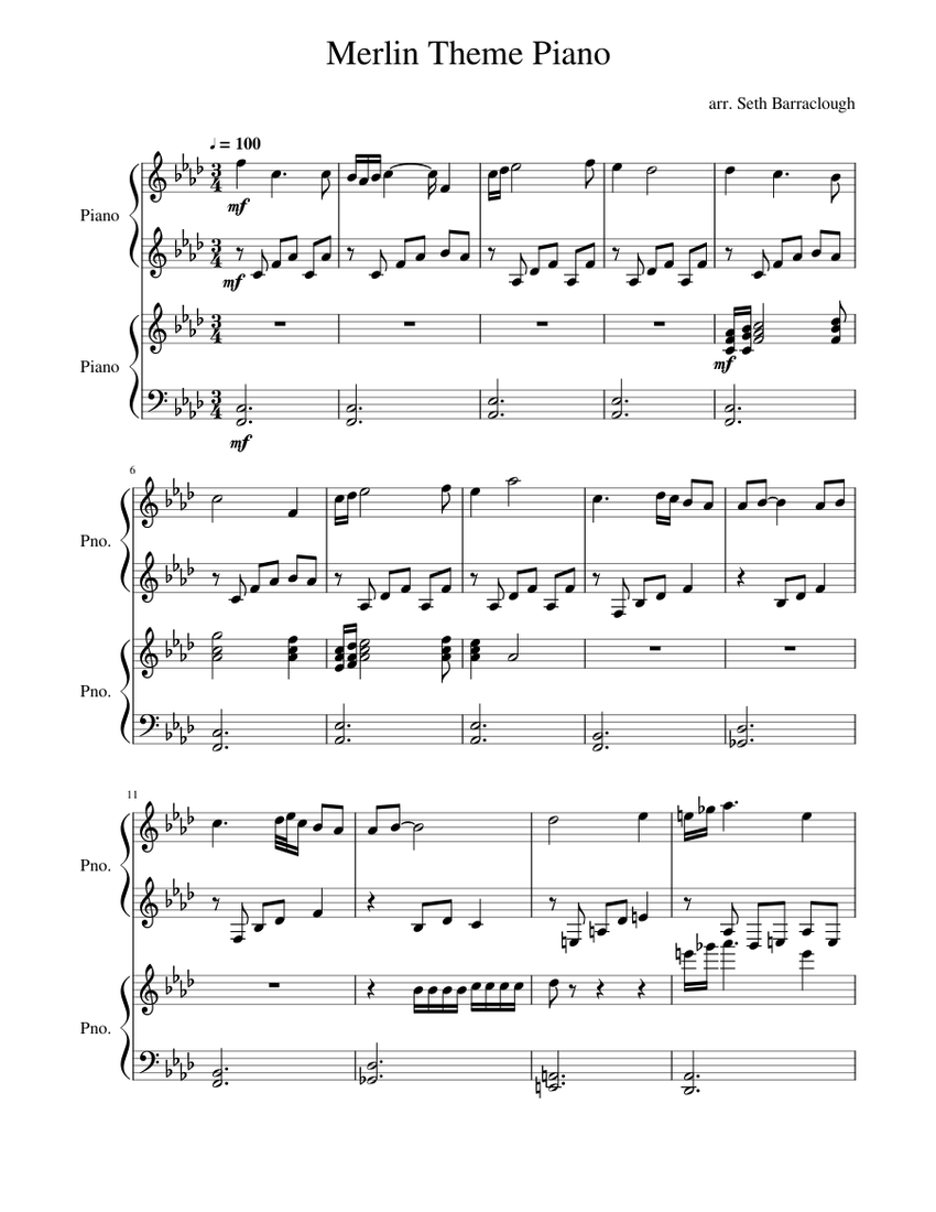 Merlin Theme for Piano Duet Sheet Music for Piano (Piano Duo ...