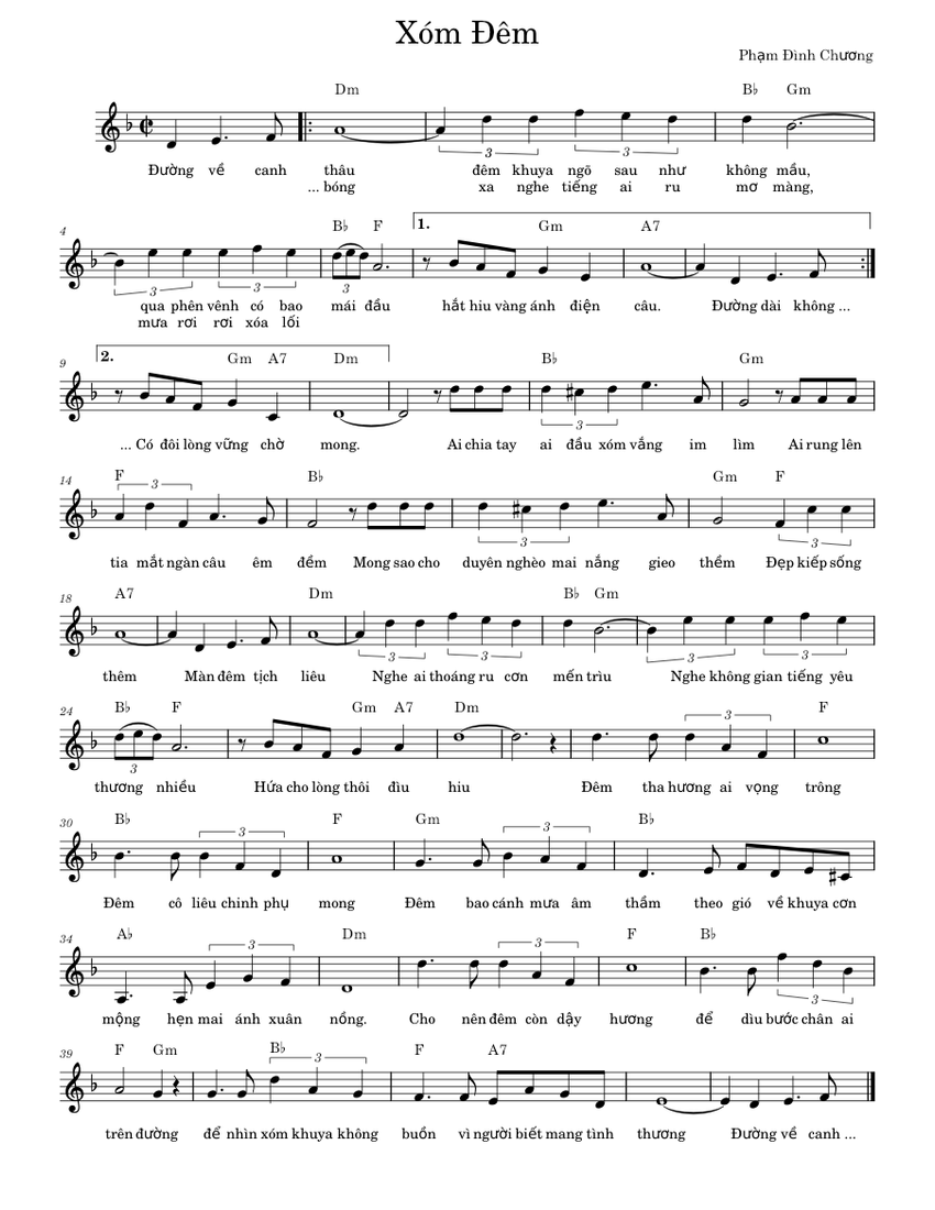 Xóm Ðêm – Phạm Đình Chương Xom Dem Sheet Music with Chords for Piano ...
