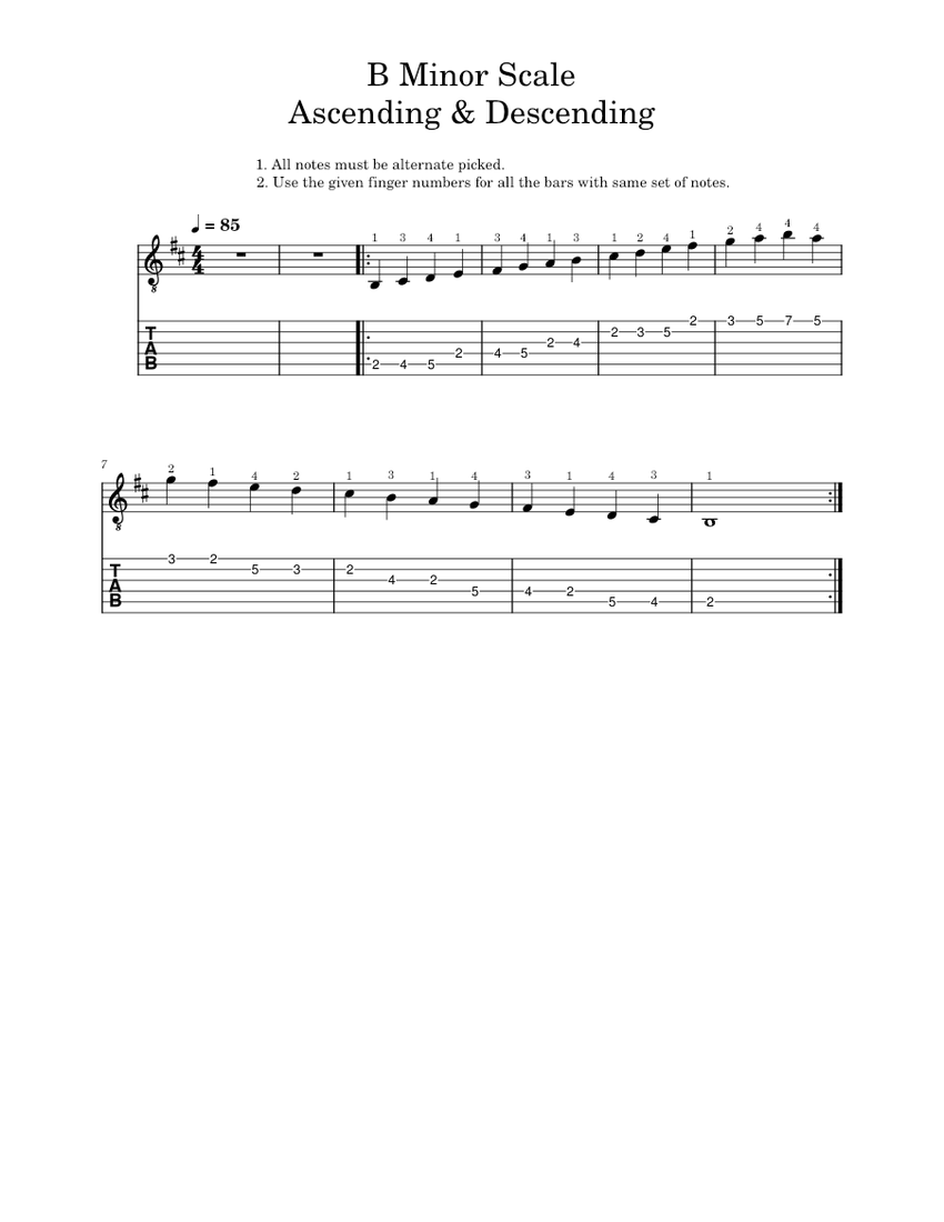B Minor scale Ascending & Descending Sheet music for Guitar (Solo ...