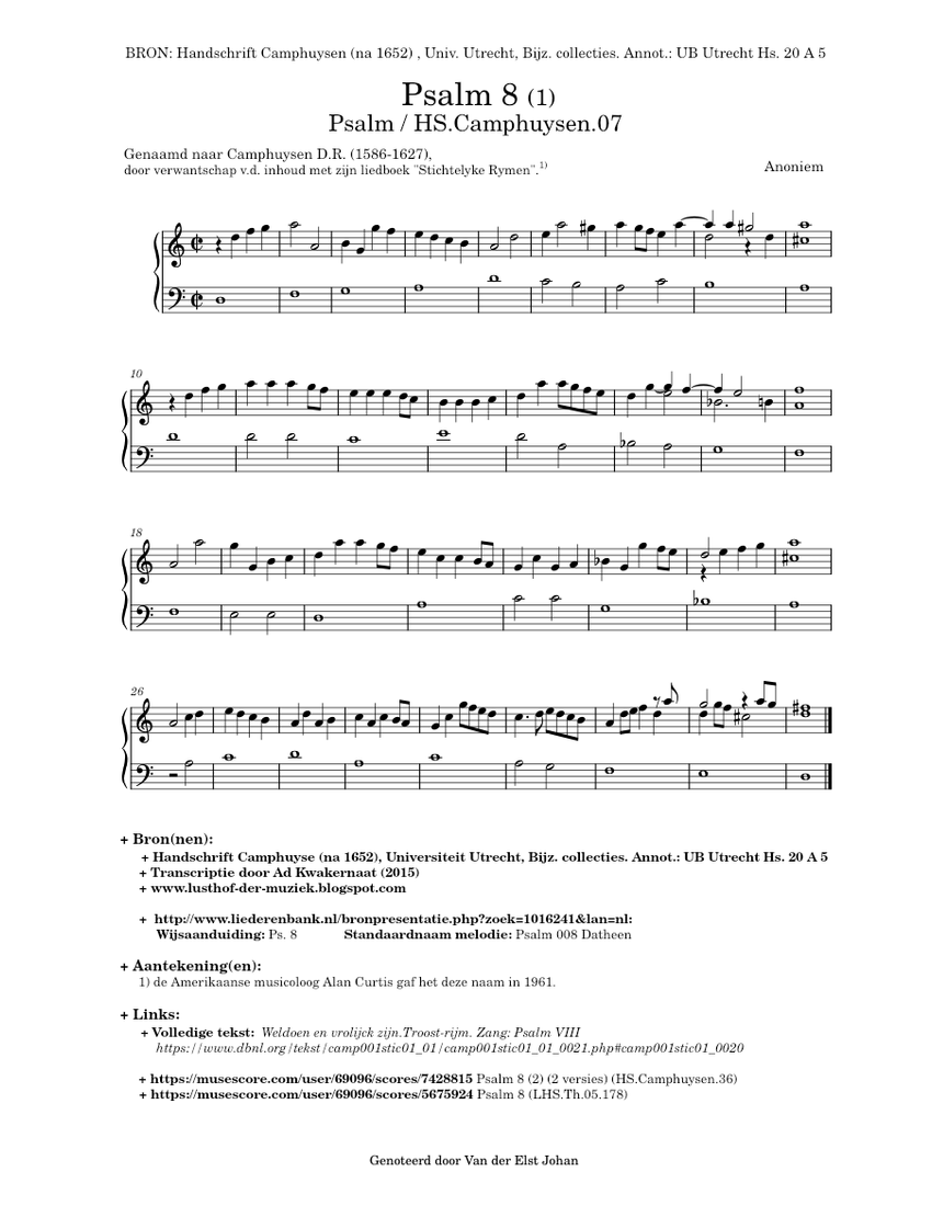 Psalm 8 (1) (HS.Camphuysen.07) Sheet Music for Harpsichord (Solo ...
