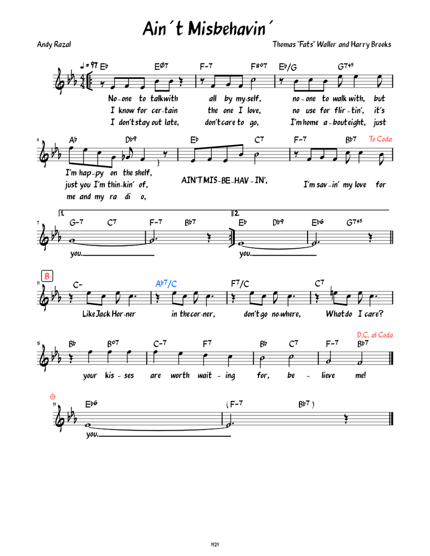Ain't Misbehavin' (Lead sheet with lyrics ) Sheet Music with Chords for ...