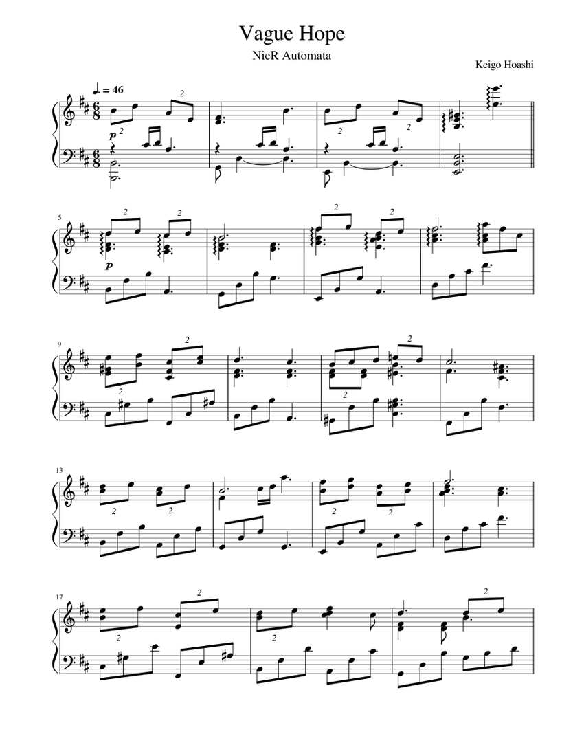 NieR Automata - Vague Hope Sheet Music for Piano (Solo) | MuseScore.com