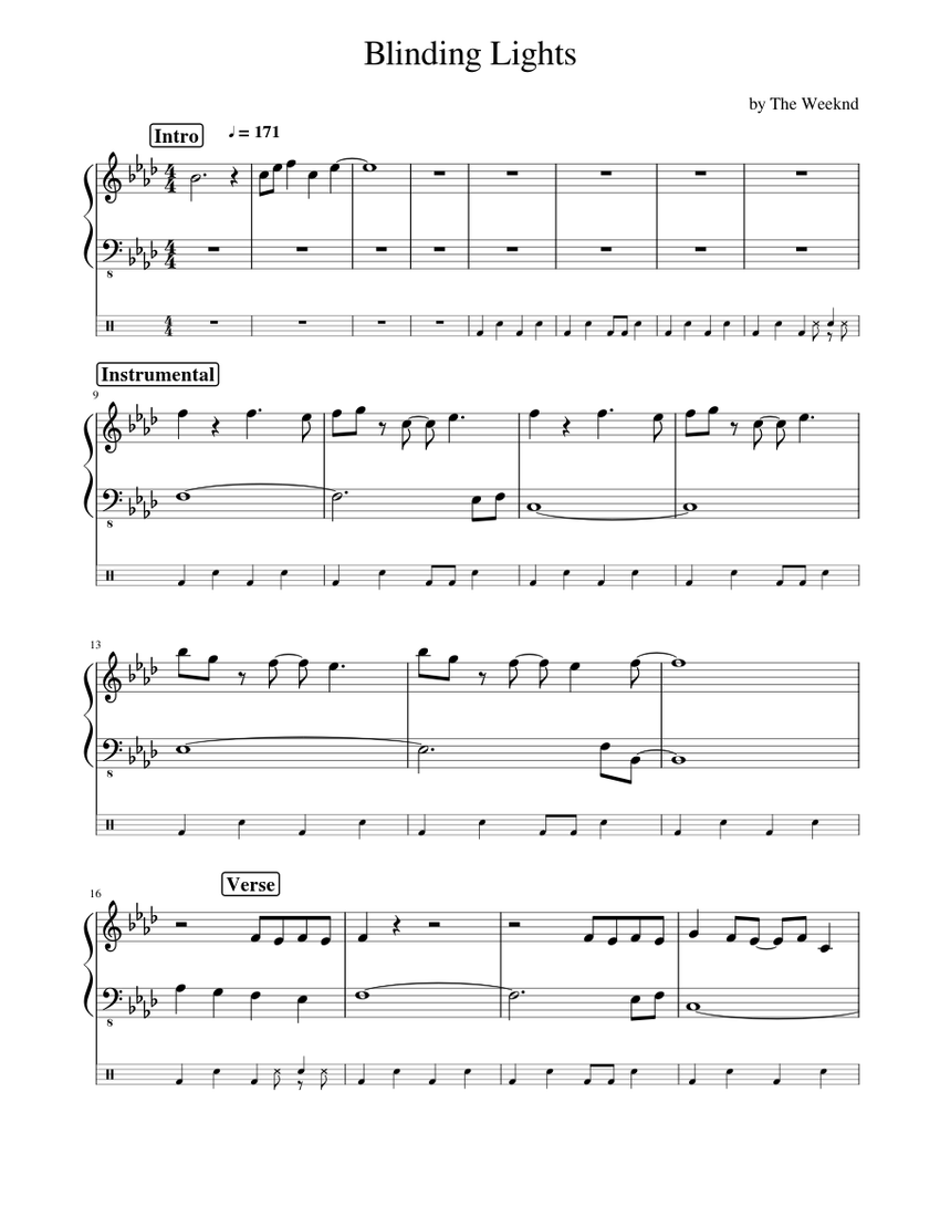 Blinding Lights - The Weeknd Sheet Music for Piano, Drum group (Solo ...