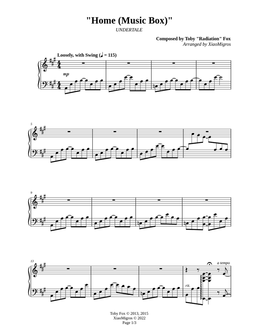 Home (Music Box) - UNDERTALE Sheet Music for Piano (Solo) easy ...