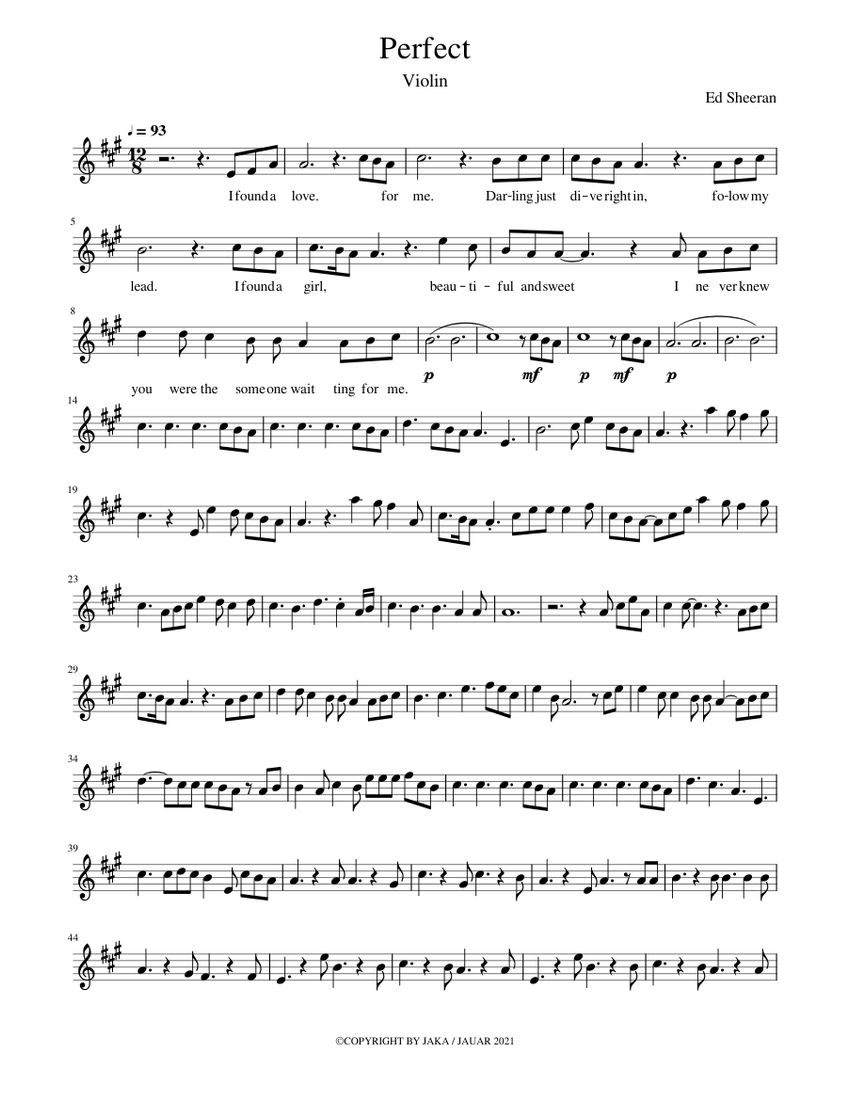 Perfect Ed Sheeran A major Violin Sheet Music for Violin (Solo ...