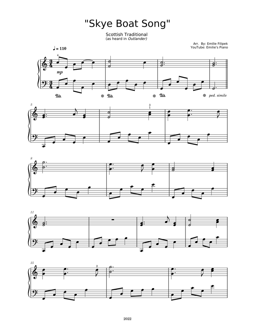 Skye Boat Song - Outlander - Arranged by Emilie Filipek Sheet Music for ...