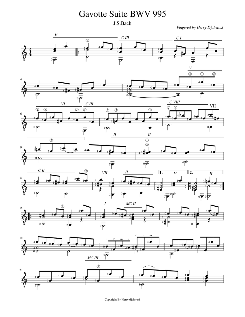 Gavotte Suite BWV 995 by J.S.Bach Sheet music for Guitar (Solo ...