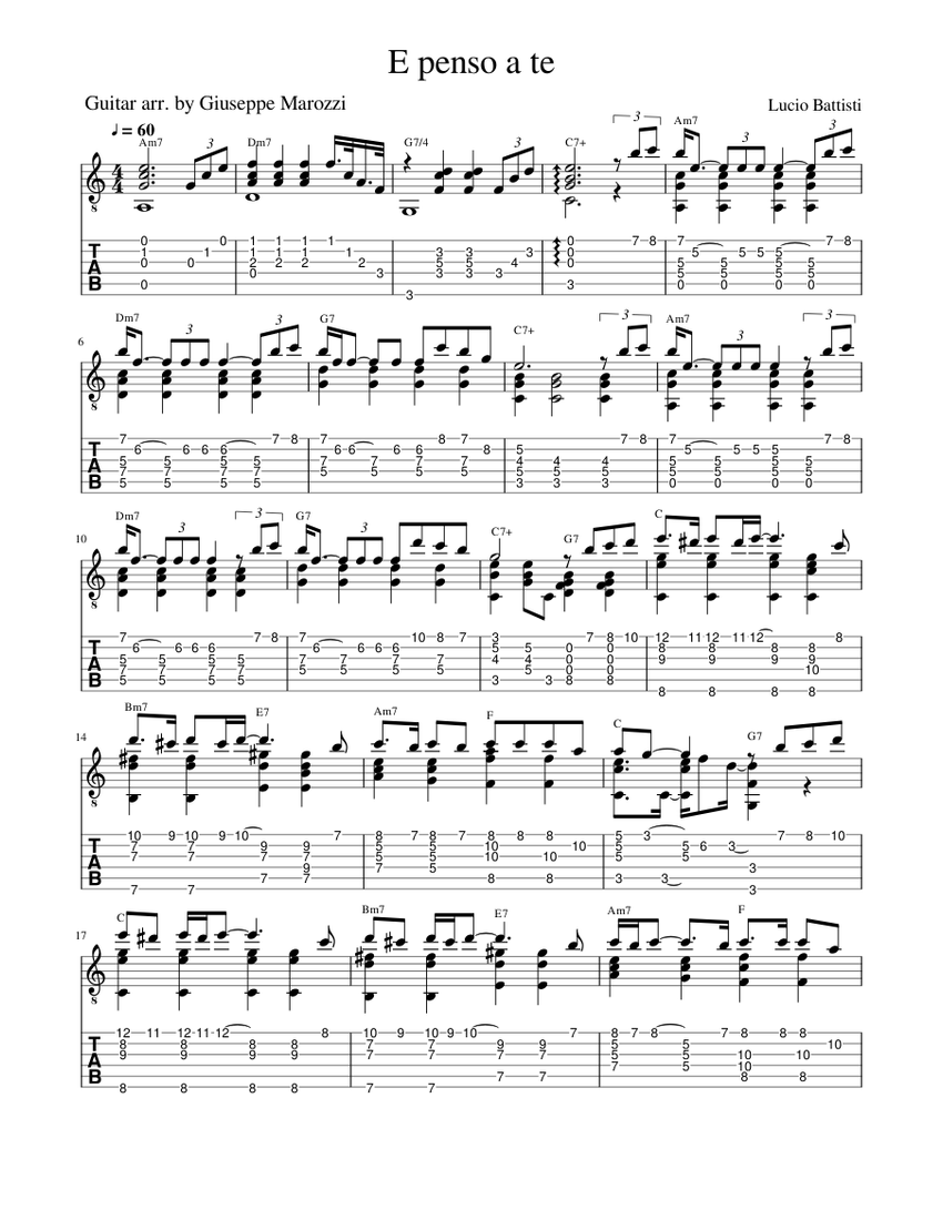 E penso a te – Lucio Battisti Sheet Music and Tab with Chords for ...