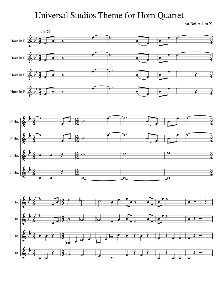 Universal Studios Theme for Horn Quartet Sheet Music for French horn ...