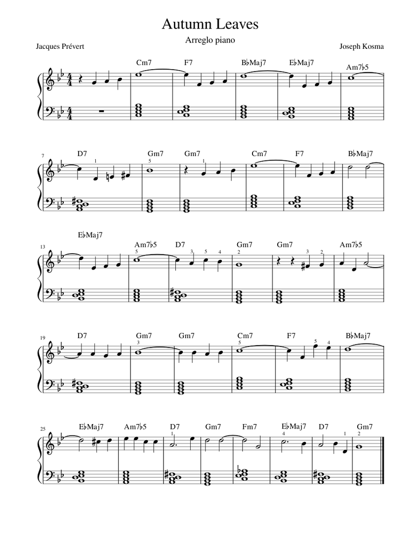 Autumn Leaves Sheet Music with Chords for Piano (Solo) easy | MuseScore.com