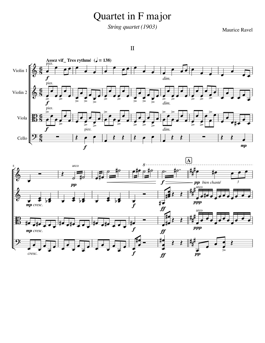 Quartet in F major – Maurice Ravel String quartet in F major, II Sheet music for Violin, Viola ...