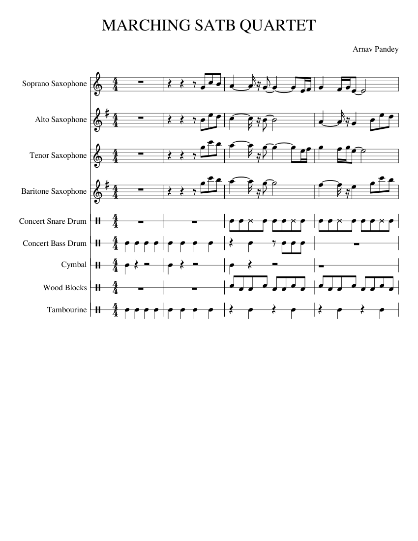 MARCHING SATB QUARTET Sheet Music for Tambourine, Saxophone alto ...