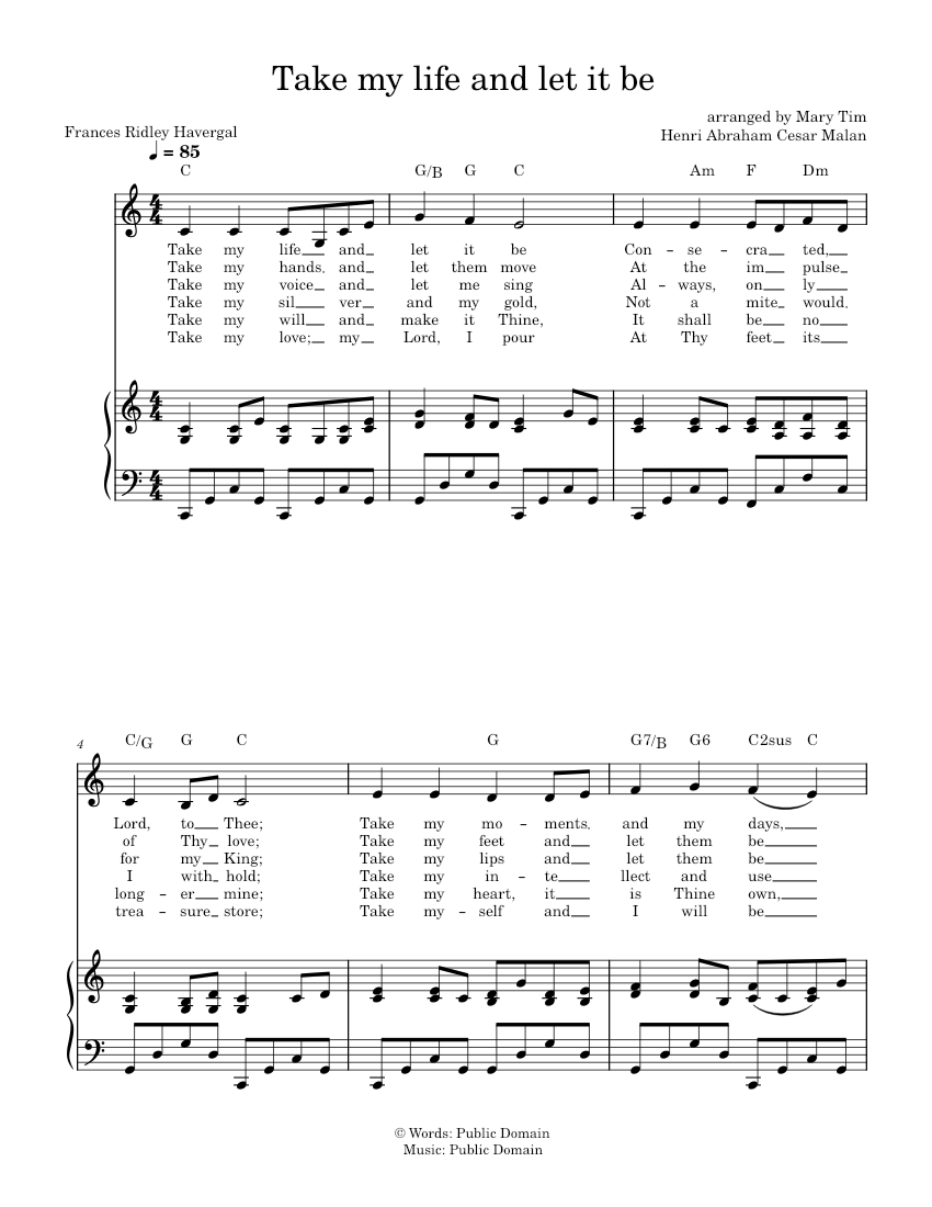 Take my life, and let it be Sheet music for Piano, Vocals (Piano-Voice ...
