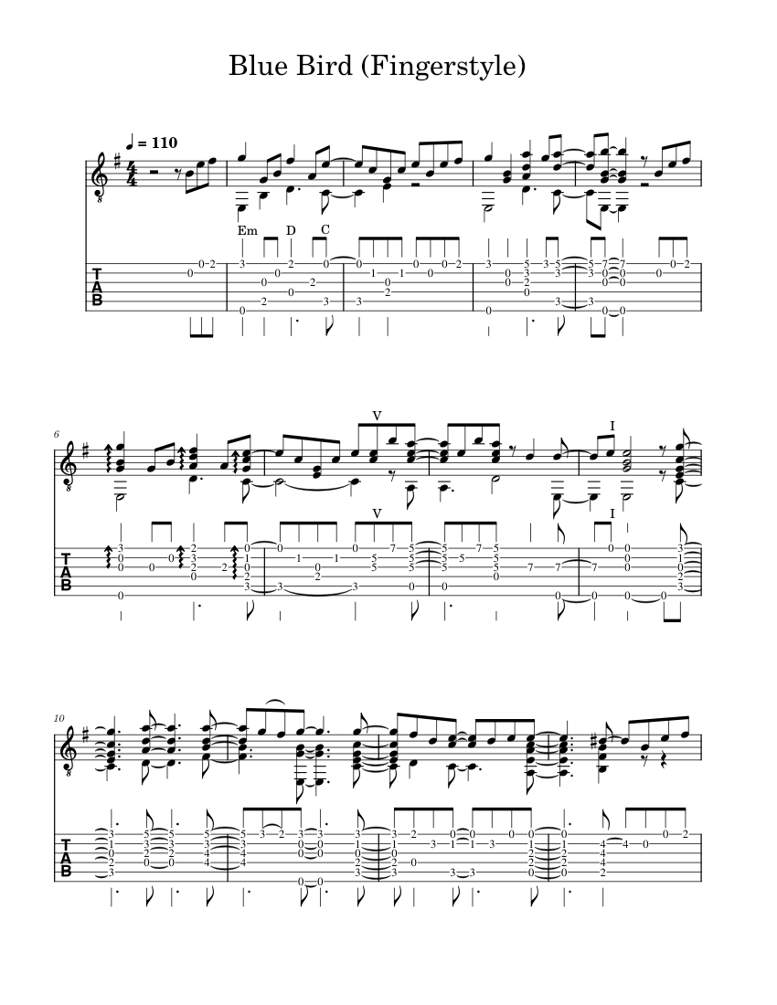 Blue Bird Guitar Fingerstyle Arrangement Sheet Music for Guitar (Solo ...