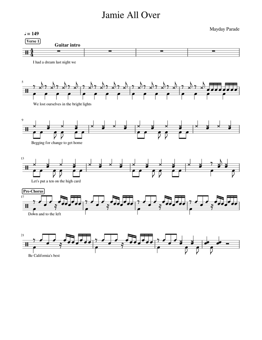Jamie All Over - Mayday Parade (Drum Score) Sheet Music for Drum group ...