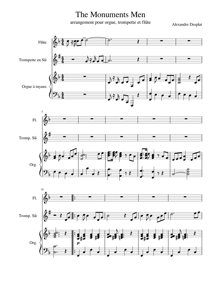 The Monuments Men Sheet Music for Organ, Flute, Trumpet in b-flat ...