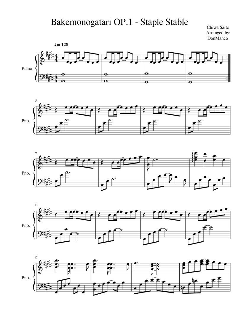 Bakemonogatari OP.1 - Staple Stable Sheet Music for Piano (Solo ...