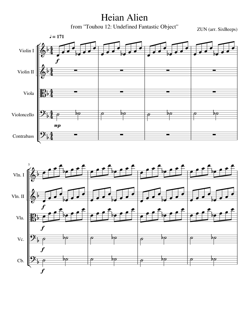 Heian Alien Sheet Music for Contrabass, Violin, Viola, Cello (String ...