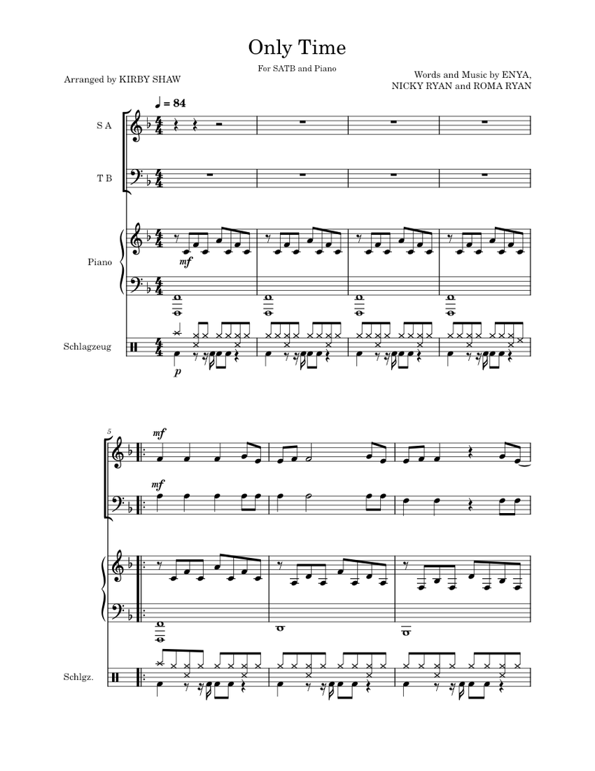 Only Time – Enya Sheet Music for Piano, Female, Male, Drum group (SATB ...