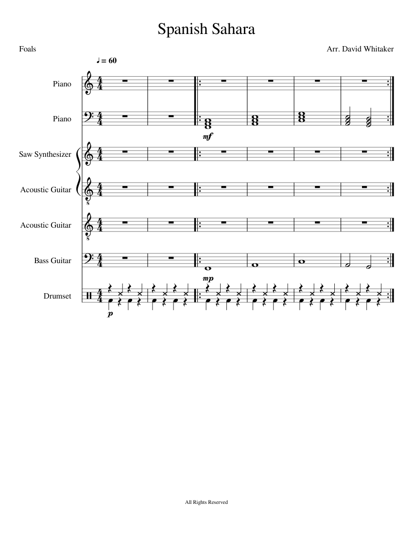 Spanish Sahara Sheet Music for Piano, Guitar, Bass guitar, Drum group ...