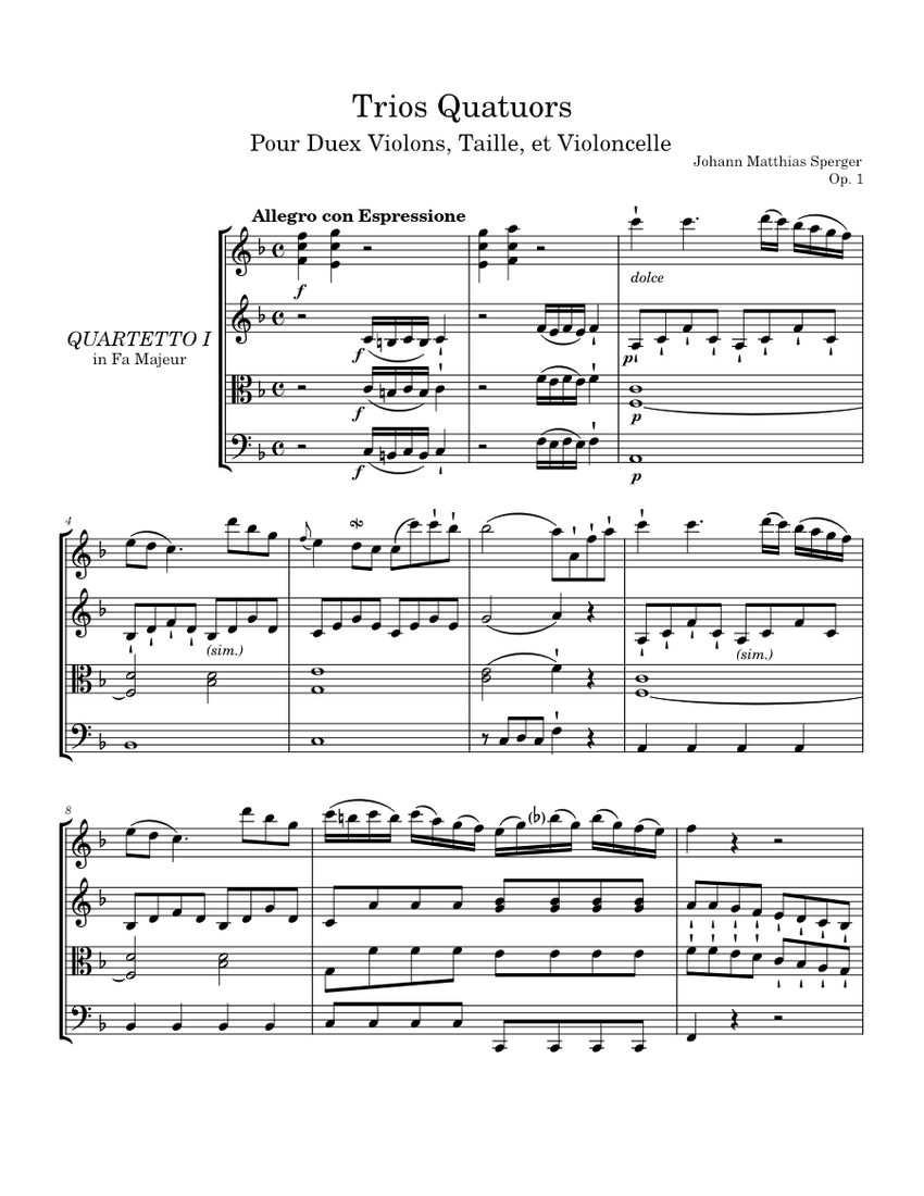 Trios Quatuors (Three Quartets), Op. 1 - Johann Matthias Sperger Sheet ...
