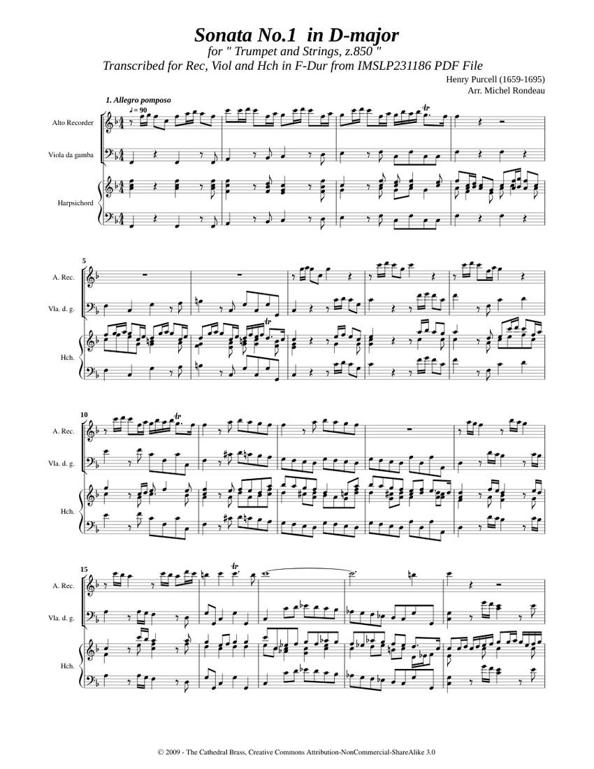 Purcell, H. _ Sonata No.1 in D-Dur, Z.850 [Rec, Viol, Hch] Sheet music ...