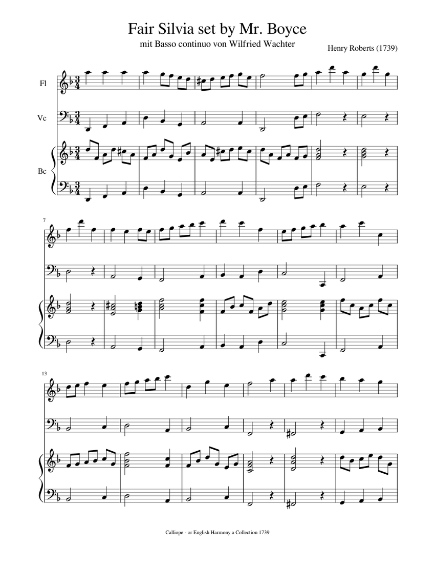 Fair Silvia set by Mr. Boyce Sheet music for Harpsichord, Flute, Cello ...