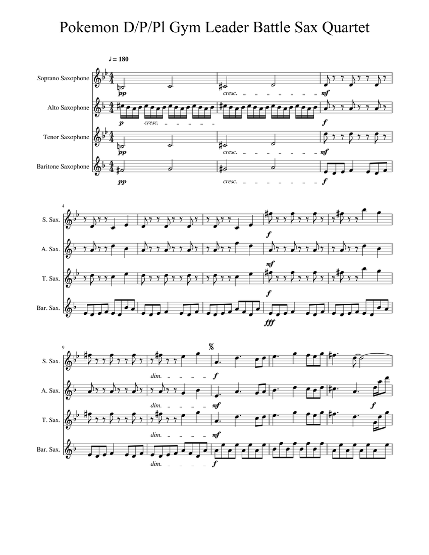 Pokemon D/P/Pl Gym Leader Battle Sax Quartet Sheet music for Saxophone ...