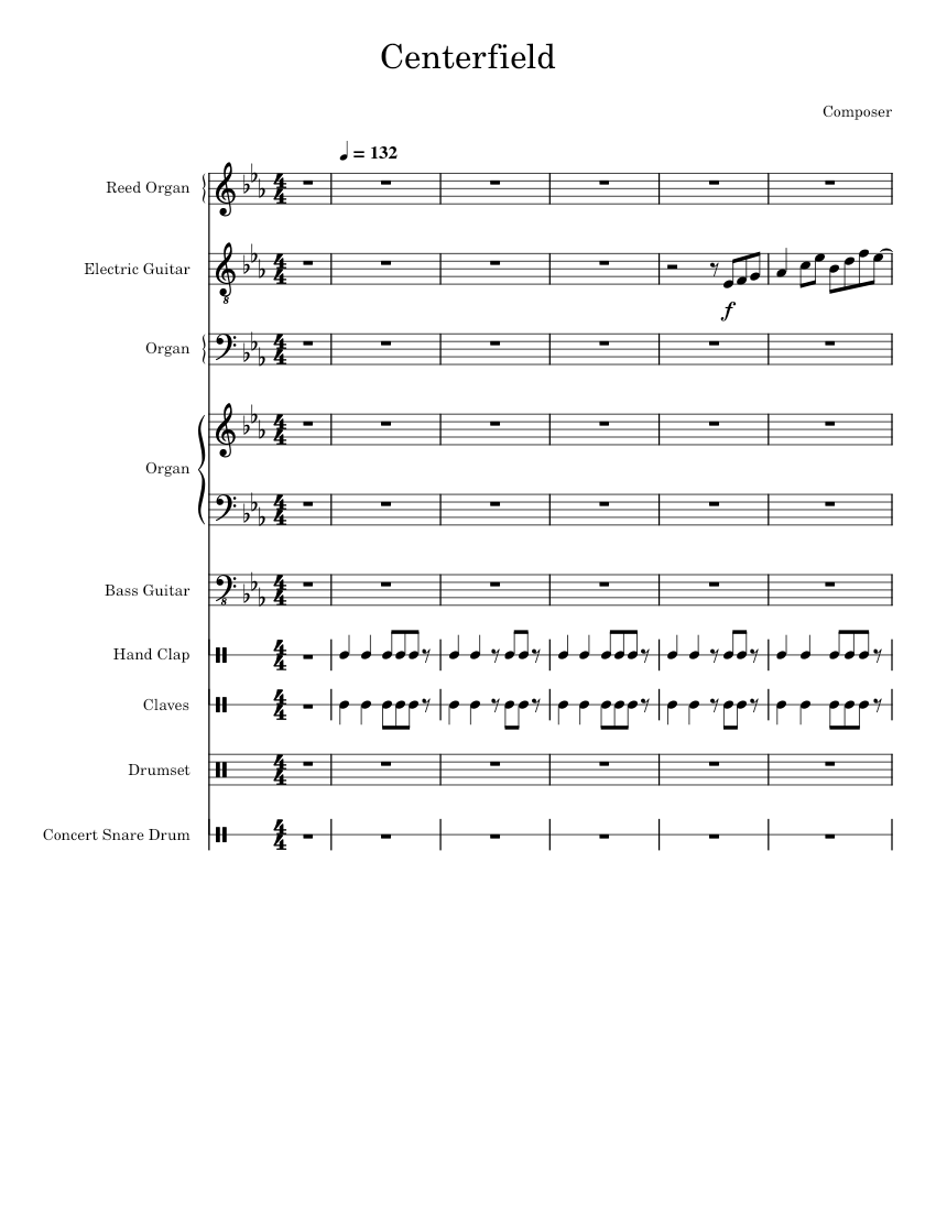 Center Field Sheet Music for Organ, Snare drum, Guitar, Bass guitar ...