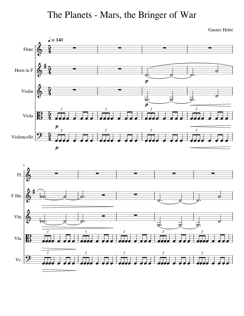 The Planets - Mars, the Bringer of War Sheet Music for Flute, French ...