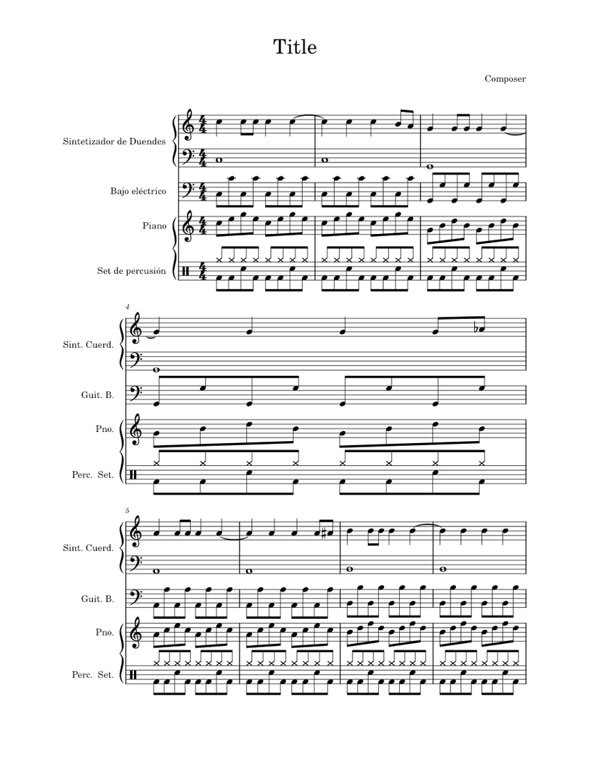 160422 Sheet music for Piano, Bass guitar, Drum group, Synthesizer ...