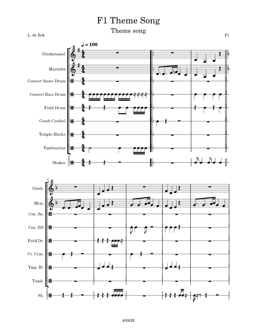 F1 Theme Song v0.2 Sheet music for Tambourine, Glockenspiel, Snare drum ...