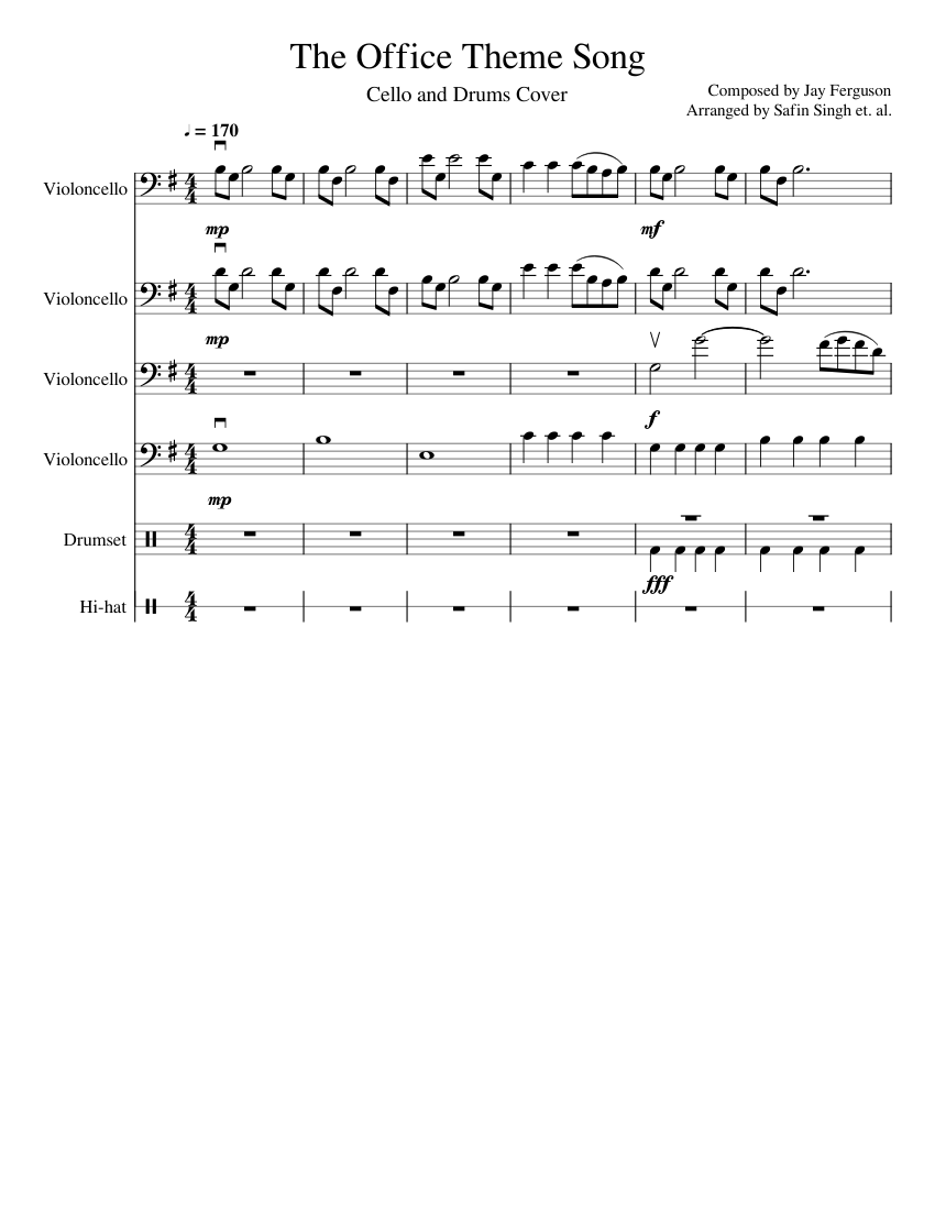 The Office Theme Song Sheet music for Cello, Drum group, Hi-hat (String ...