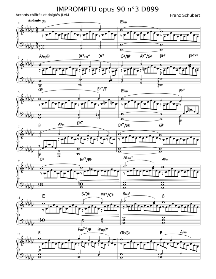 Schubert Impromptu in Gb Majeur, Op. 90 No. 3 avec accords chiffrés et ...