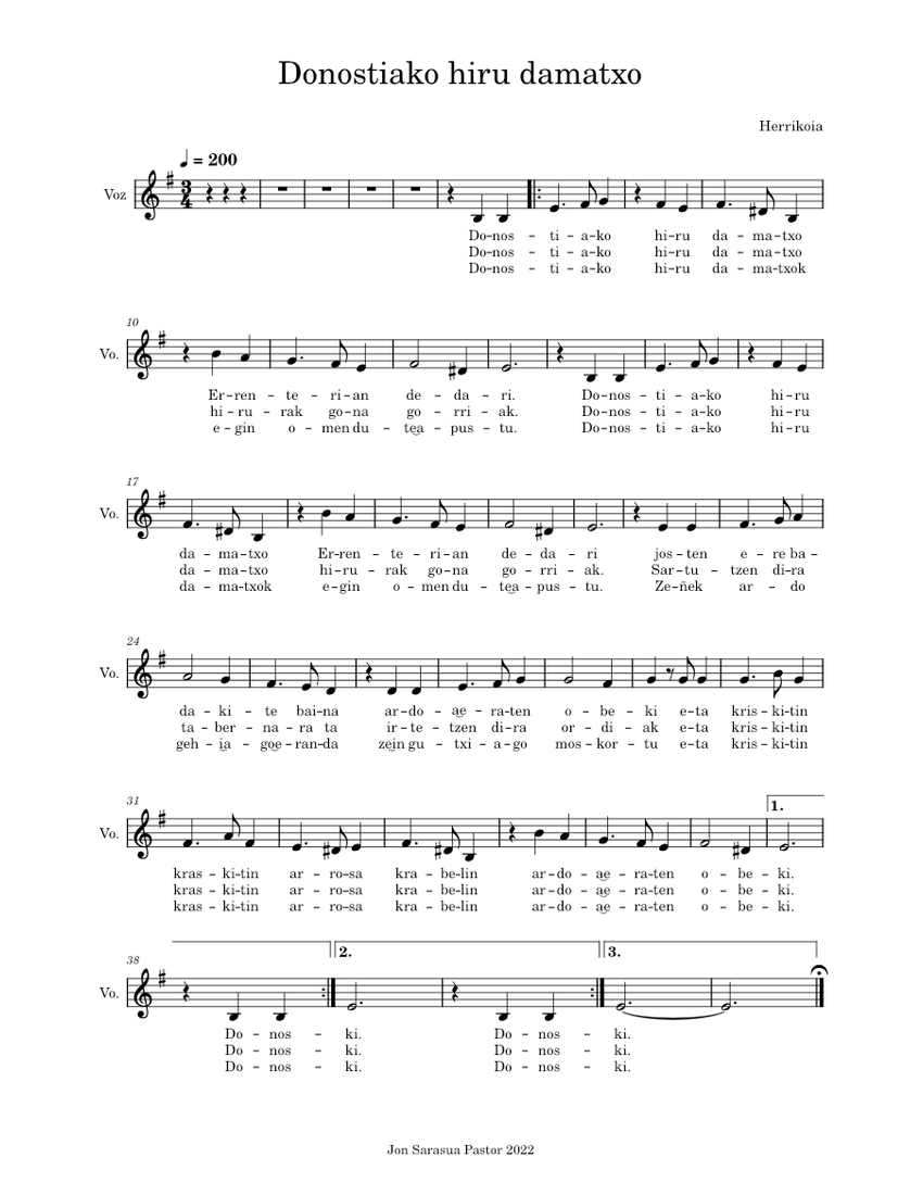 Donostiako Hiru Damatxo – Hilarión Eslava Donostiako Hiru Damatxo Sheet music for Vocals (Solo ...