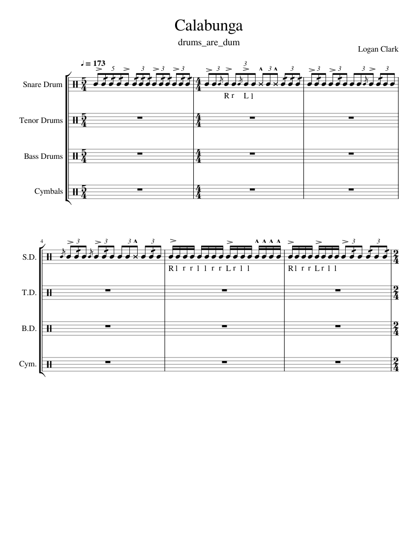 Calabunga Sheet music for Snare drum, Crash, Tenor drum, Bass drum ...