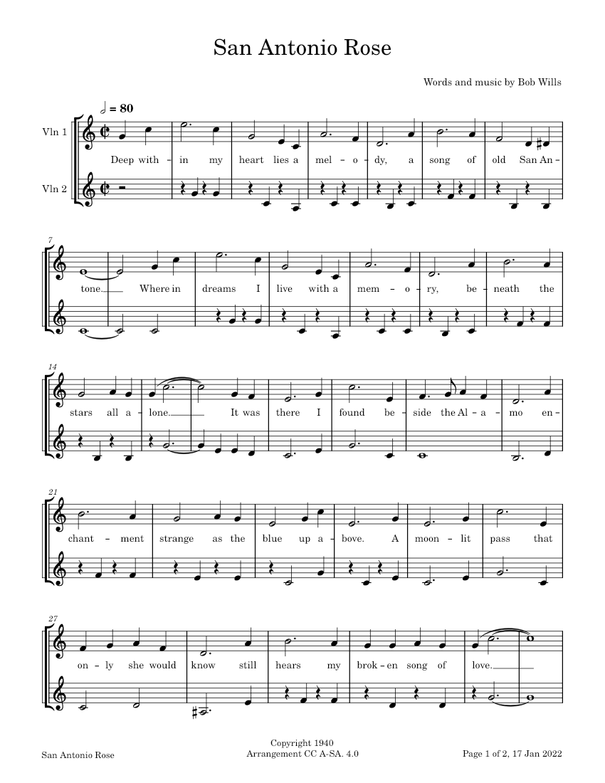 San Antonio Rose – Bob Willis Sheet music for Violin (String Duet ...