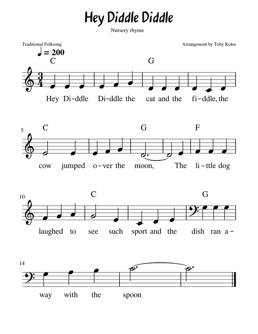 Hey Diddle Diddle – Misc Traditional Sheet Music for Piano (Solo) Easy ...