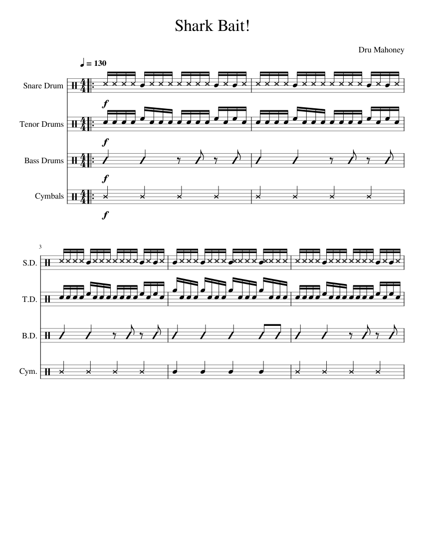 Shark_Bait! Sheet Music for Snare drum, Crash, Tenor drum, Bass drum ...