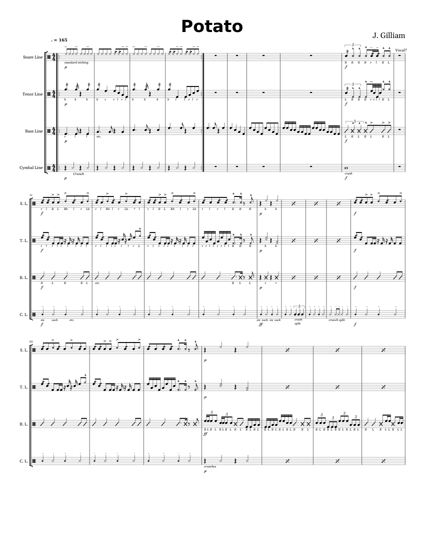 Potato Cadence Sheet Music for Snare drum, Crash, Tenor drum, Bass drum ...