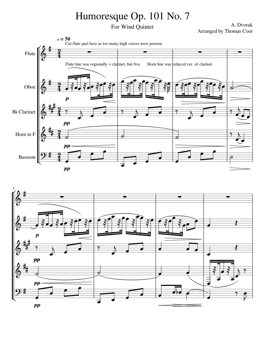Humoresque Op 101 No 7 For Wind Quintet Sheet Music for Flute, Oboe ...